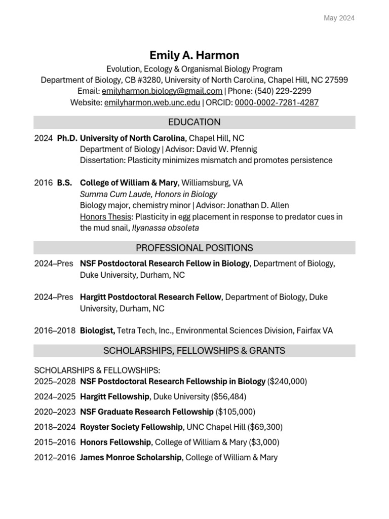 Harmon CV 2024 | PDF | Evolution | Ecology