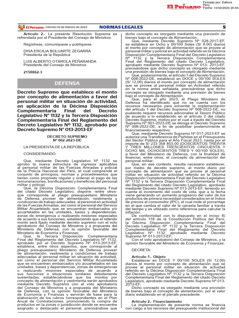 DS 002-2023 Aprueba Racuionamiento A 12 Soles para FFAA y PNP | PDF ...