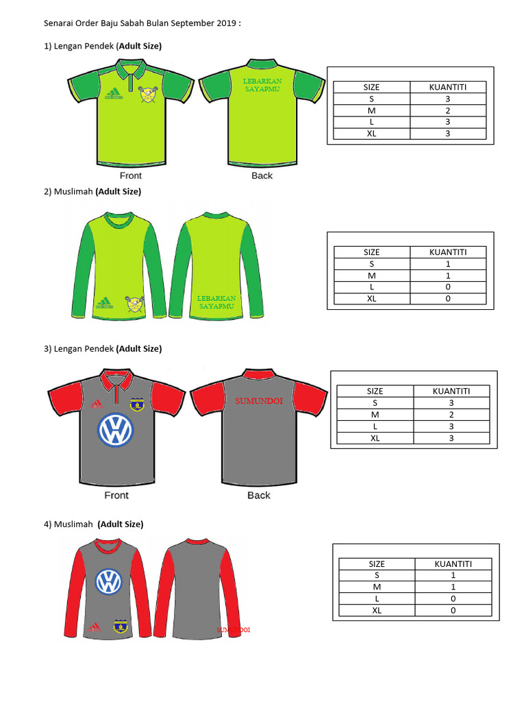 Senarai Order Baju Sabah Bulan September 2019 | PDF