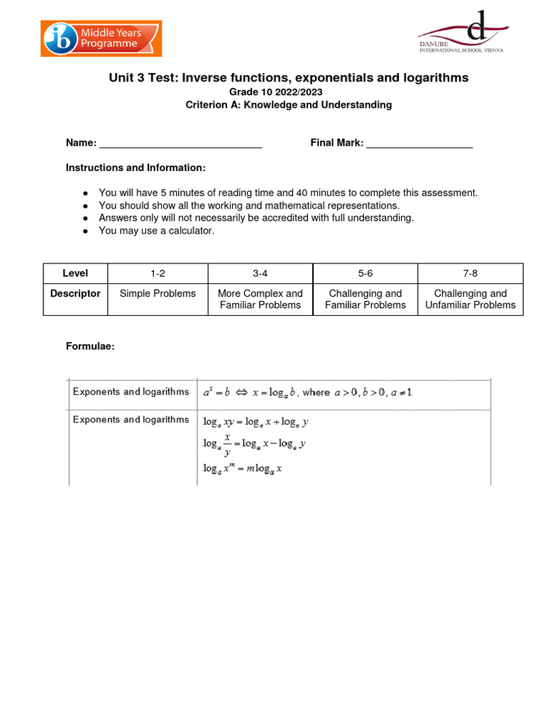A Unit 3 Review - Inverse Functions Exponentials and Logs MS | PDF | Function (Mathematics ...