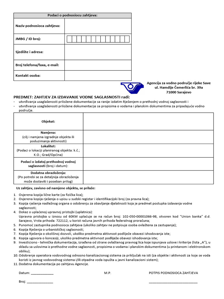 Zahtjev Za Izdavanje VODNE SAGLASNOSTI | PDF