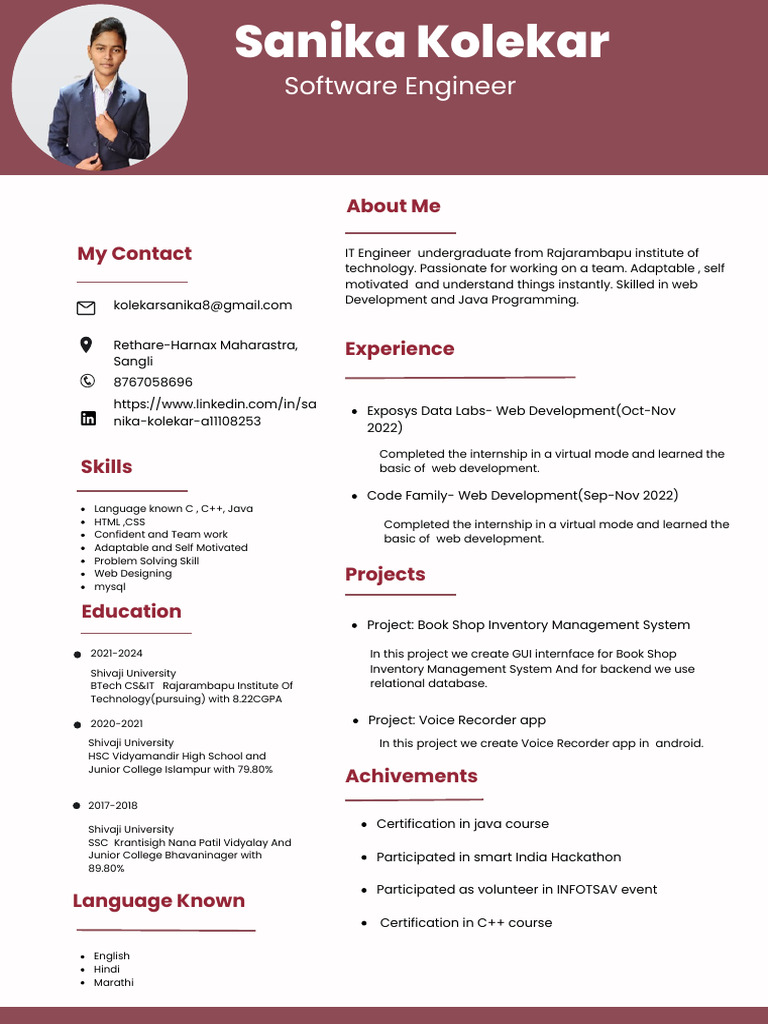 Sanika Kolekar: Web Developer & Java Expert | PDF | Web Development ...