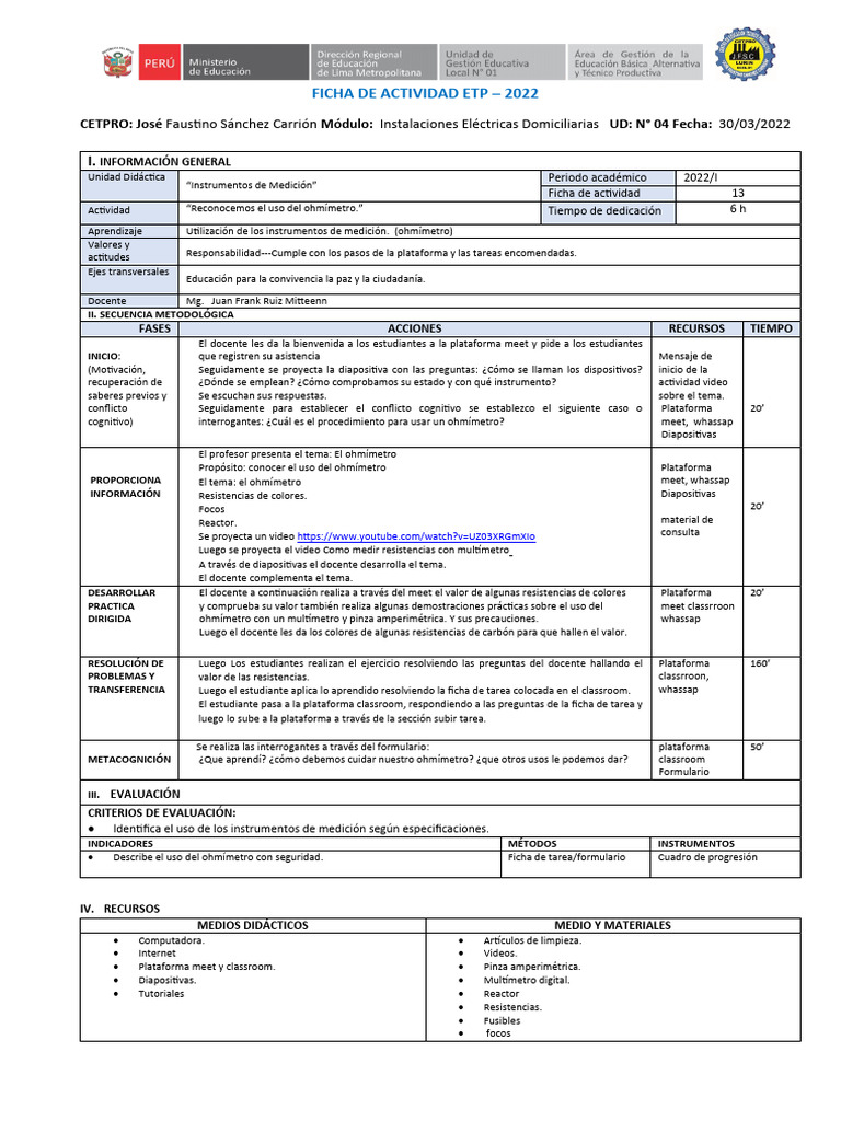 Uso del Ohmímetro en CETPRO | PDF | Maestros | Evaluación