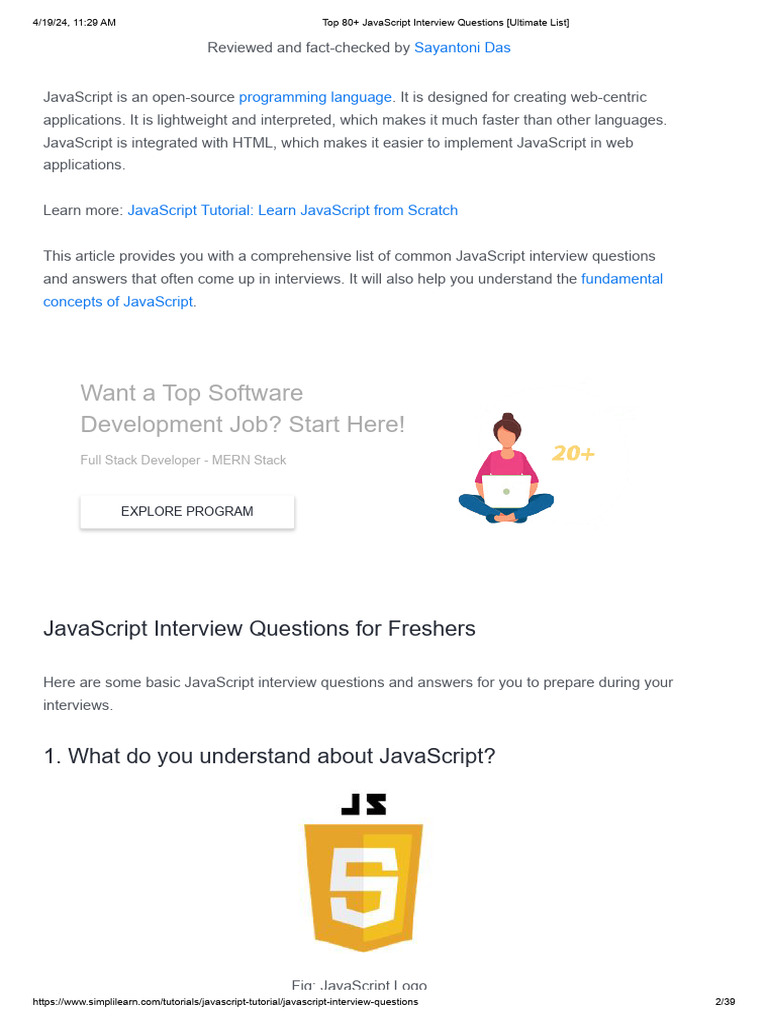 Top 80+ JavaScript Interview Questions (Ultimate List) | Download Free ...