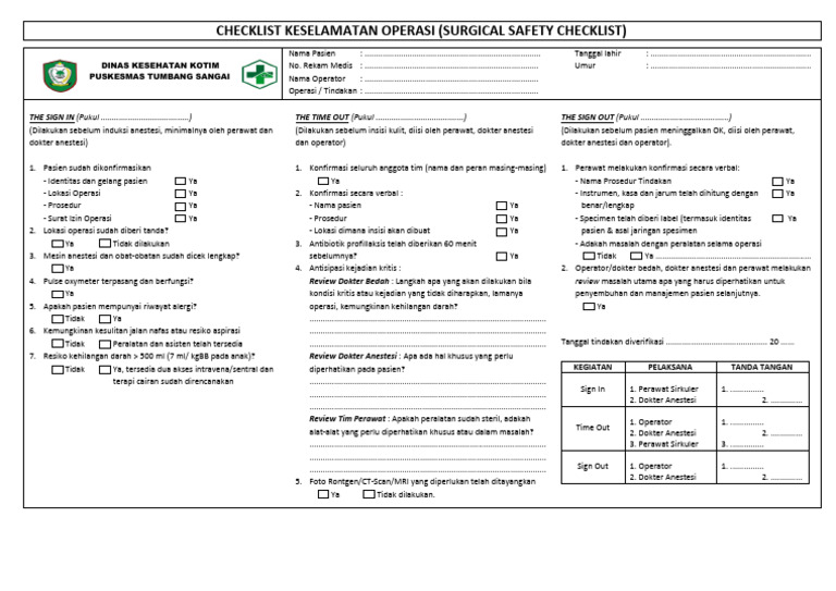 Checklist Keselamatan Operasi Surgical Safety Checklist PDF | PDF