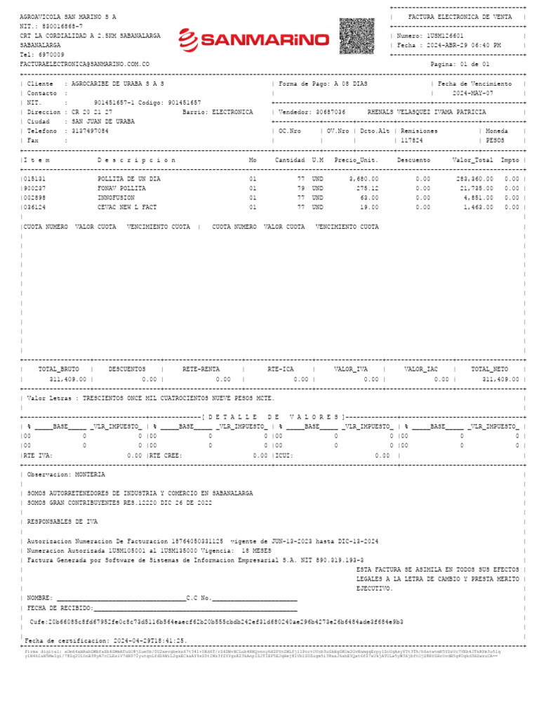 Factura Electrónica Agroavícola San Marino | PDF