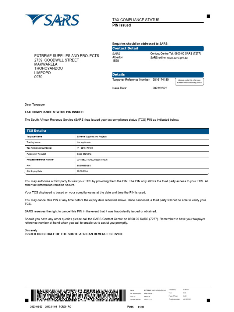 Tax Compliance Status PIN for 2023 | PDF | Taxes | Government Finances