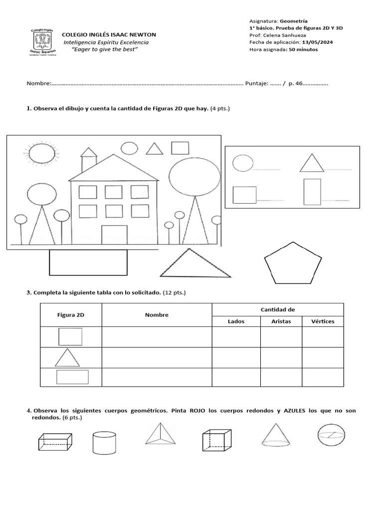 Prueba de Figuras 2D y 3D para 1° Básico | PDF | Métodos y materiales ...