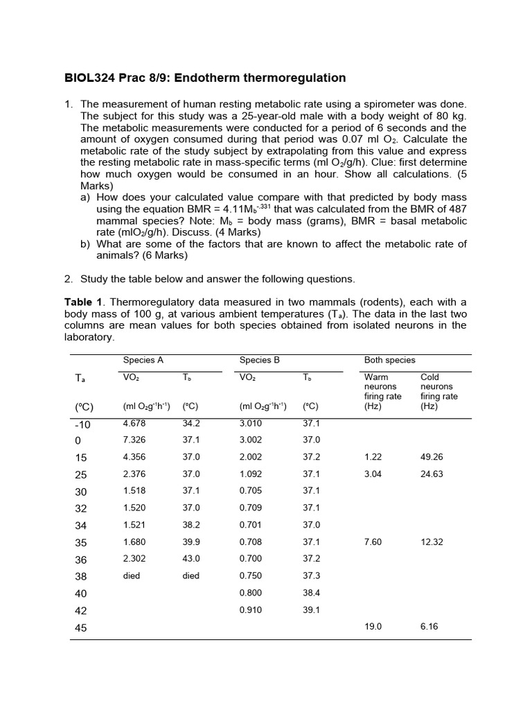 2024 BIOL324 Prac 8-9 Tasks | PDF | Physiology | Biology