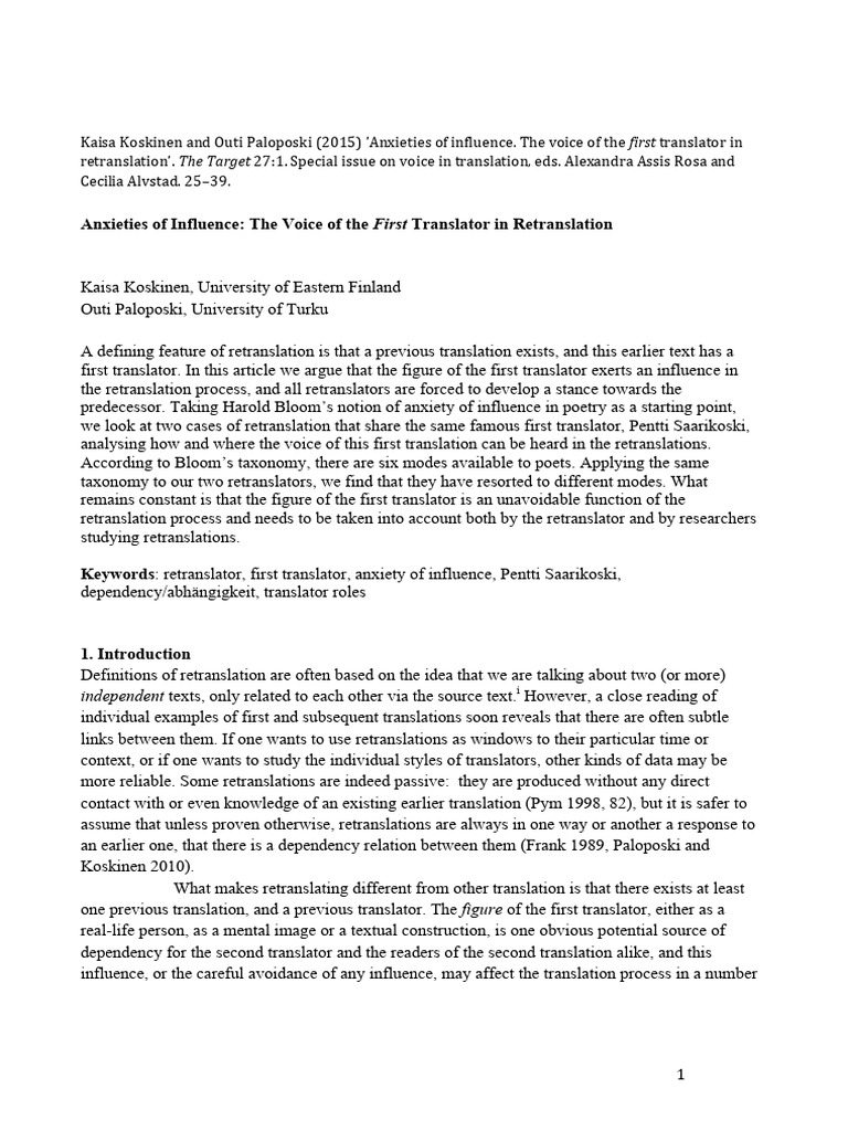 Anxieties of Influence - The Voice of The First Translator in ...