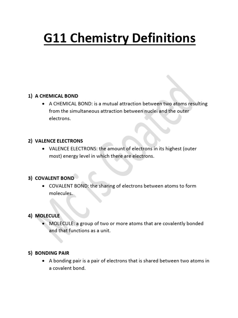 G11 Chemistry Definitions | PDF | Chemical Bond | Ion