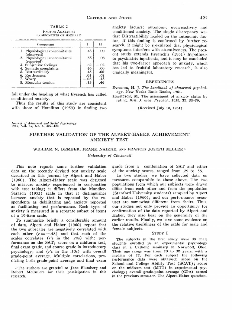 Further Validation of The Alpert-Haber Achievement Anxiety Test | PDF ...