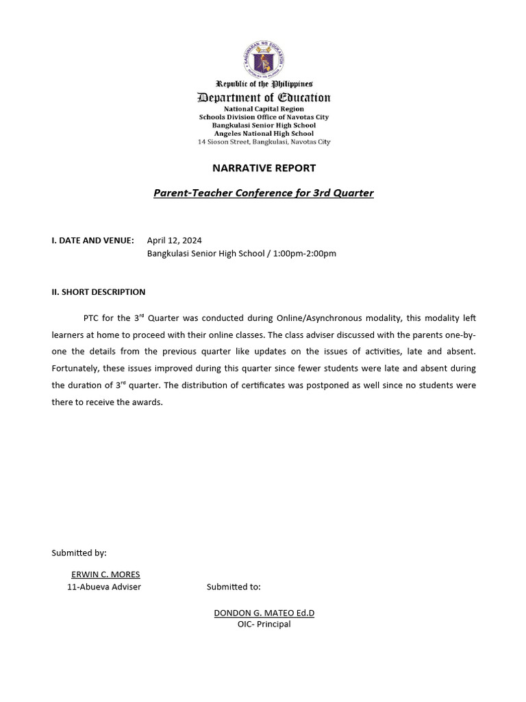 Narrative Report For PTA 3rd Quarter - 2023-2024 | PDF