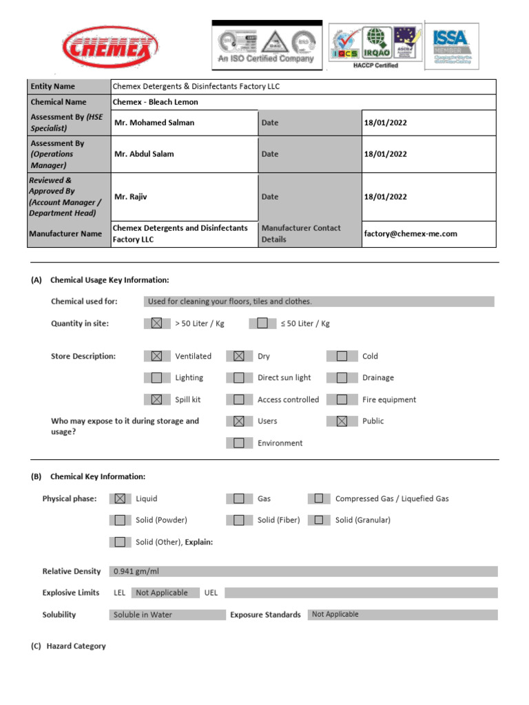 Chemex Bleach Lemon Safety Assessment | PDF | Personal Protective Equipment | Bleach