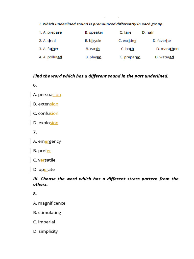 Find The Word Which Has A Different Sound in The Part Underlined | PDF ...