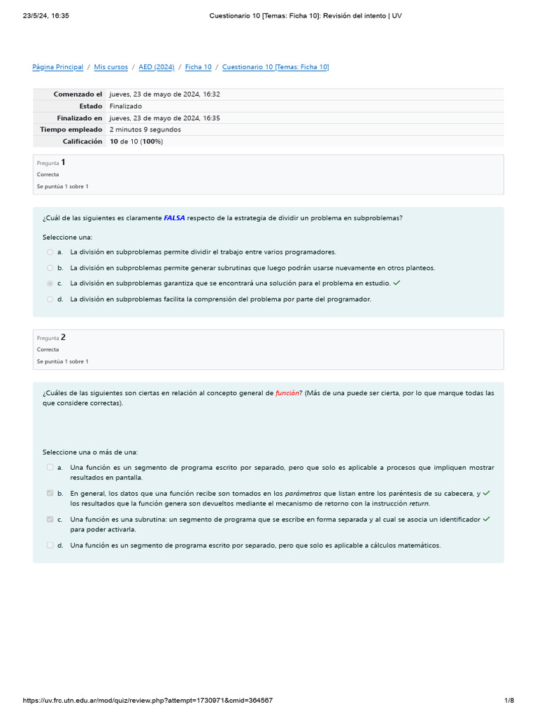Cuestionario 10 [Temas_ Ficha 10]_ Revisión Del Intento _ UV | PDF | Cuestionario | Informática