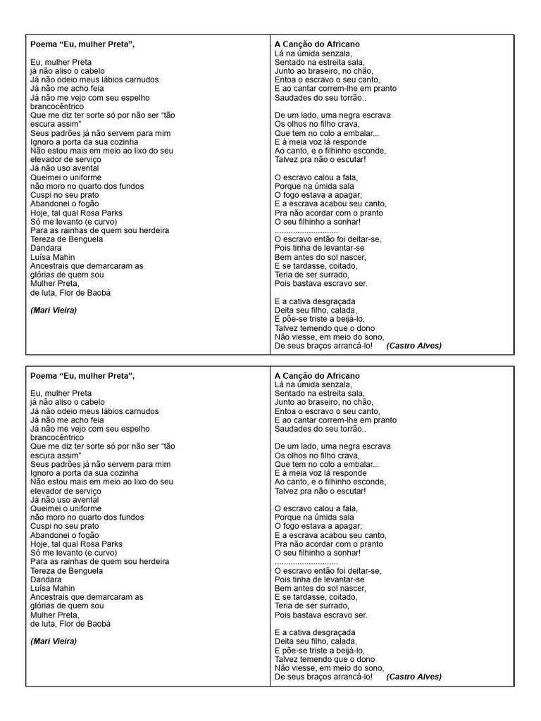 Poema "Eu, Mulher Preta" Aula 6 CMSP - 2 Ano | PDF | Escravidão