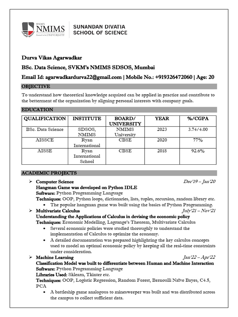 Durva Cv Pdf Data Science Python Programming Language