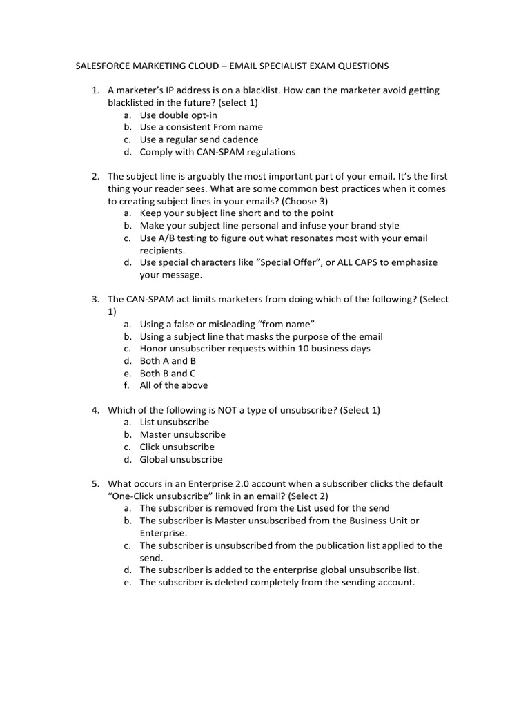 SFMC - Email Specialist - Exam 0 | PDF | Email Spam | Cyberspace