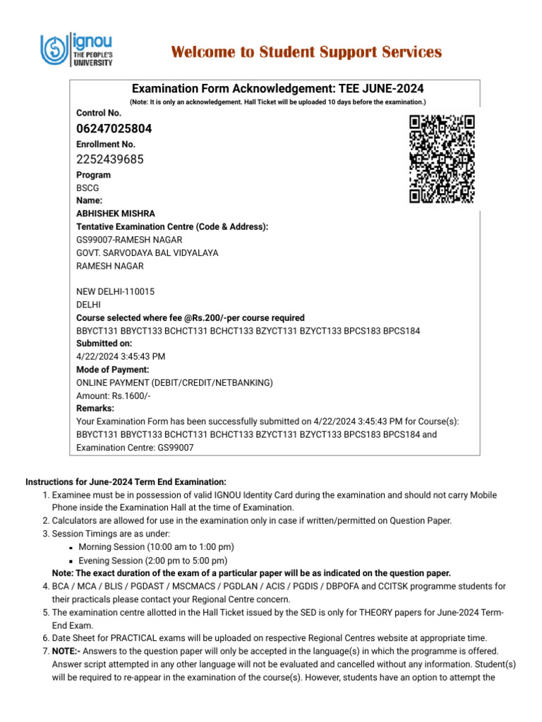 IGNOU - Examination Form Acknowledgement | PDF | Banking Technology ...