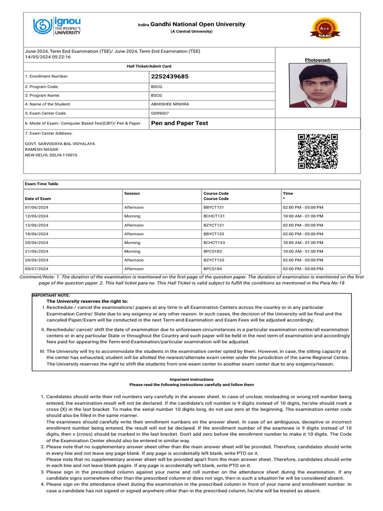 Ignou June-2024 - Hall Ticket - Admit Card | PDF Ignou June-2024 - Hall Ticket - Admit Card | PDF