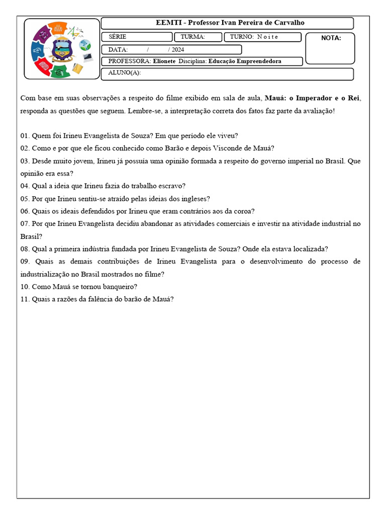 Aula 03 Atividade Sobre o Filme O Barão de Mauá | PDF