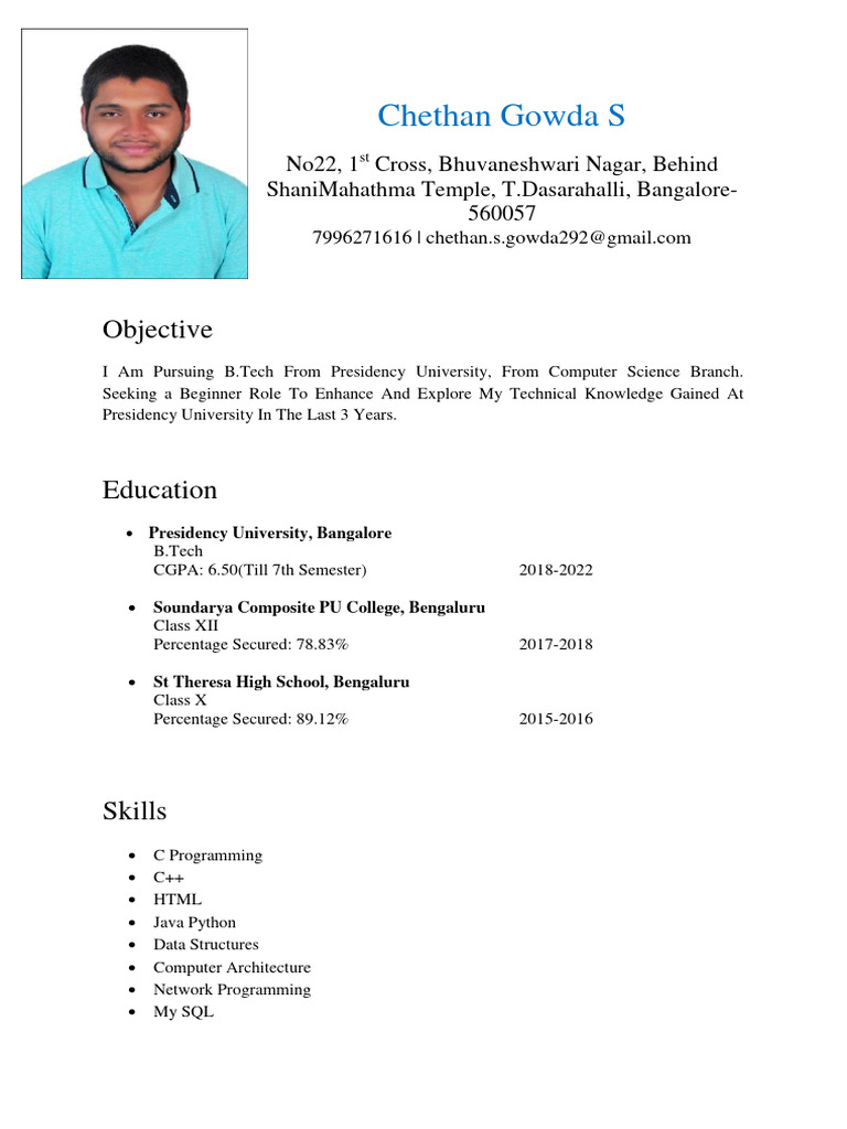B.Tech Resume: Chethan Gowda S | PDF