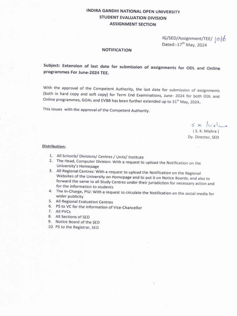 Notification - Extension For Submission of Assignment Date Upto 31 - 05 ...