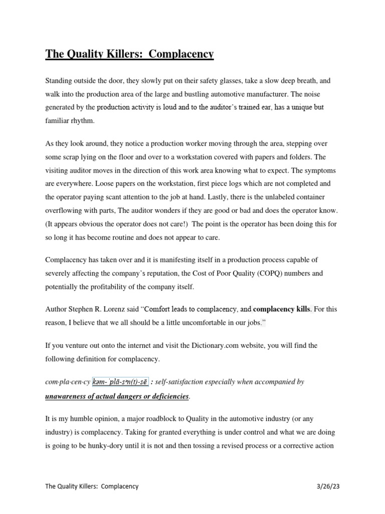 Complacency - The Quality Killer | PDF | Audit | Internal Audit