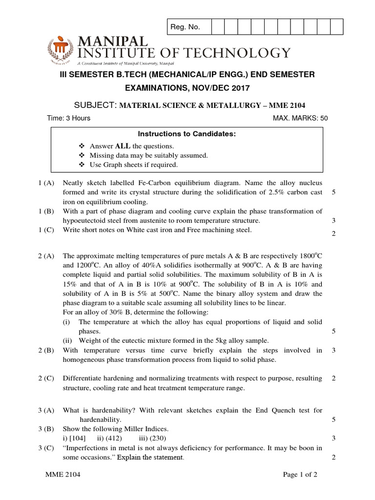 Materails Science and Mettalurgy MME 2104 (RG) | PDF | Alloy | Phase (Matter)