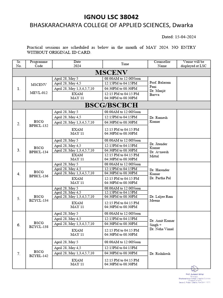 Practical Schedule IGNOU MAY 2024 RC3 | PDF