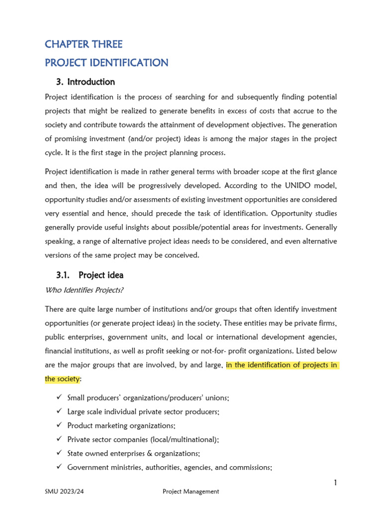 CH 3 - PROJECT IDENTIFICATION Highli | PDF | Brainstorming | Macroeconomics