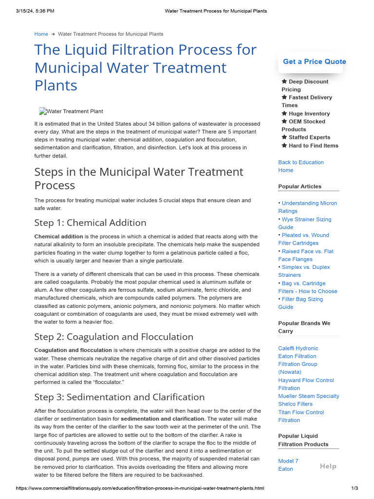 Water Treatment Process For Municipal Plants | PDF | Water Purification ...
