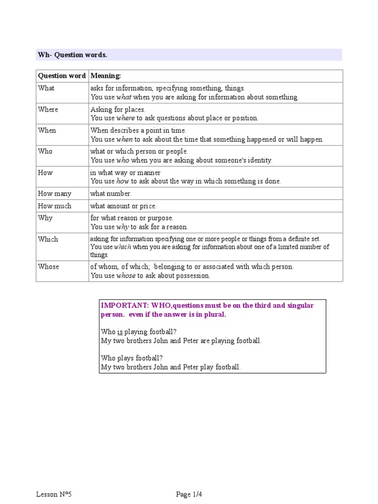 Wh-Question Words. Question Word Meaning | PDF | Question | Languages