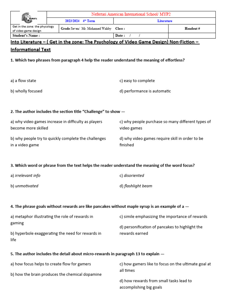 The Psychology Worksheet | PDF | Flow (Psychology) | Video Games