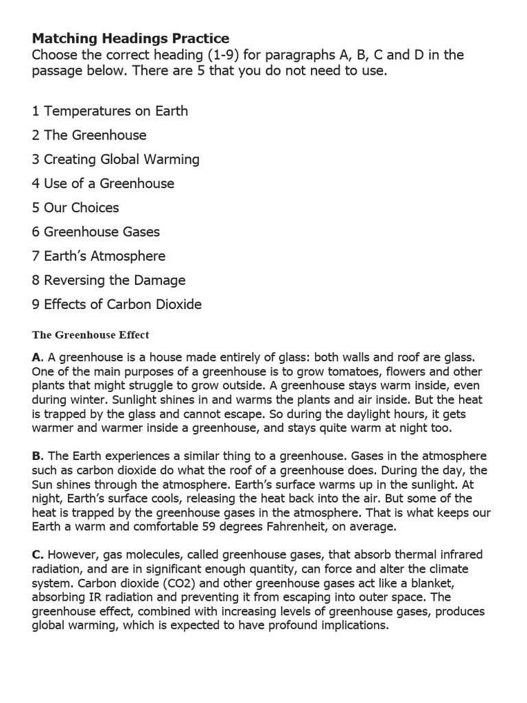 Matching Headings Practice 2 | PDF | Greenhouse Effect | Atmosphere Of Earth
