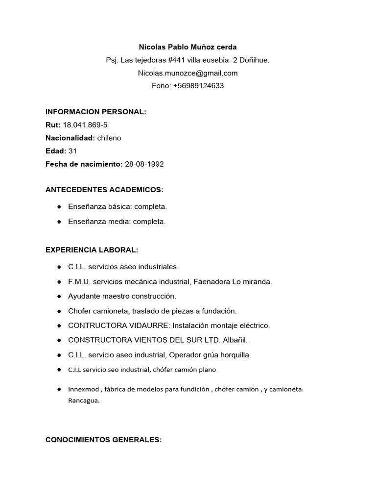 Curriculum Nicolas Muñoz 2023 | PDF