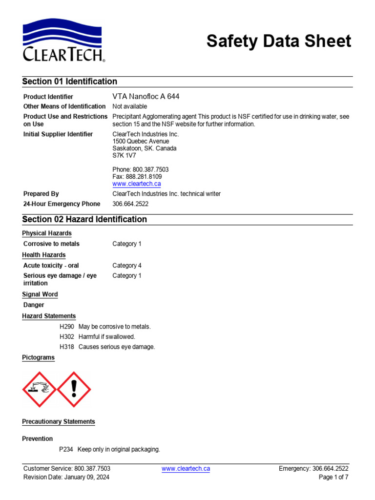 VTA Nanofloc A 644 CTI SDS Jan 09, 24 | PDF | Toxicity | Personal Protective Equipment