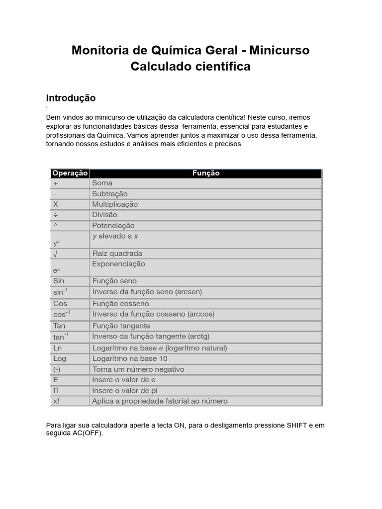 Calculadora Cientifica - Minicurso | PDF | Logaritmo | Exponenciação Calculadora Cientifica - Minicurso | PDF | Logaritmo | Exponenciação