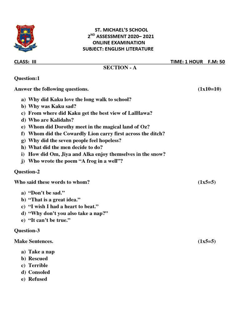 Class 3 English Literature Assessment | PDF | Language Arts & Discipline