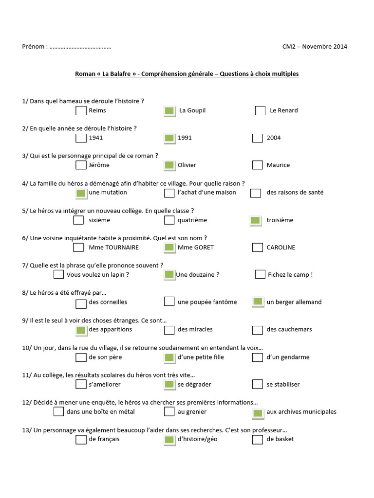 Questionnaire de lecture : La Balafre | PDF