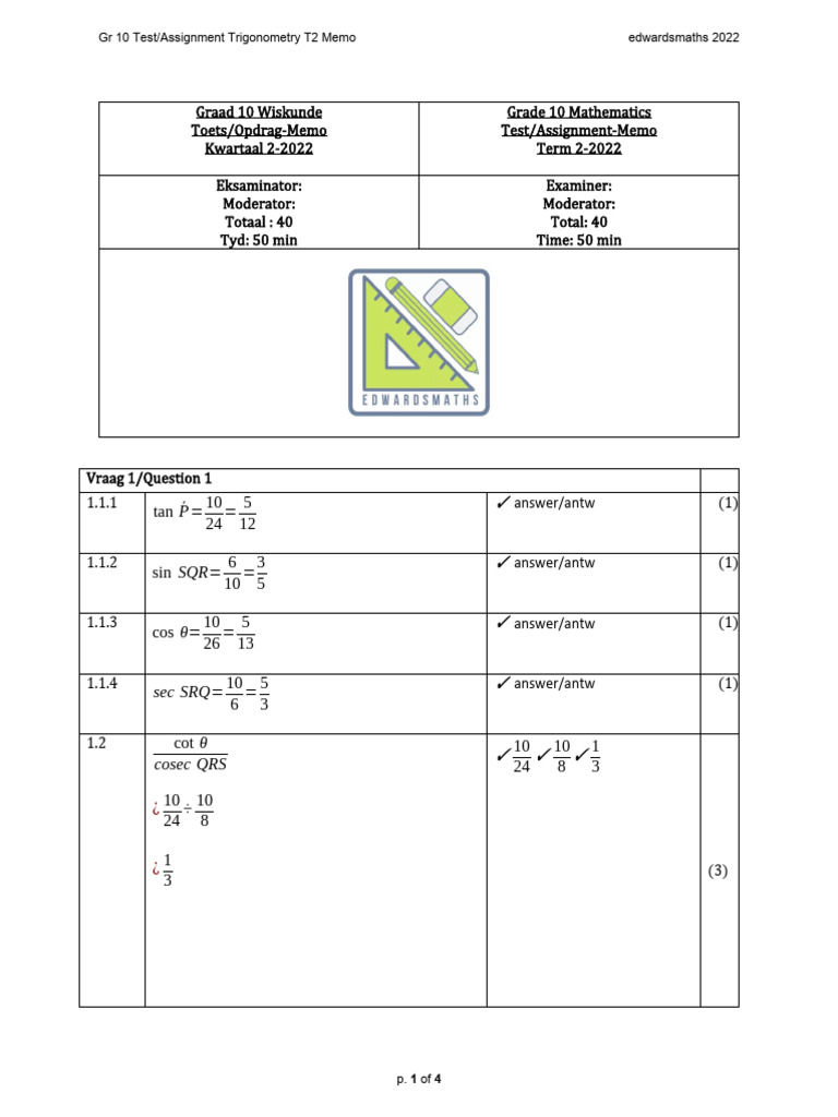 Grade 10 Trigonometry Test Memo T2 | PDF | Trigonometric Functions ...