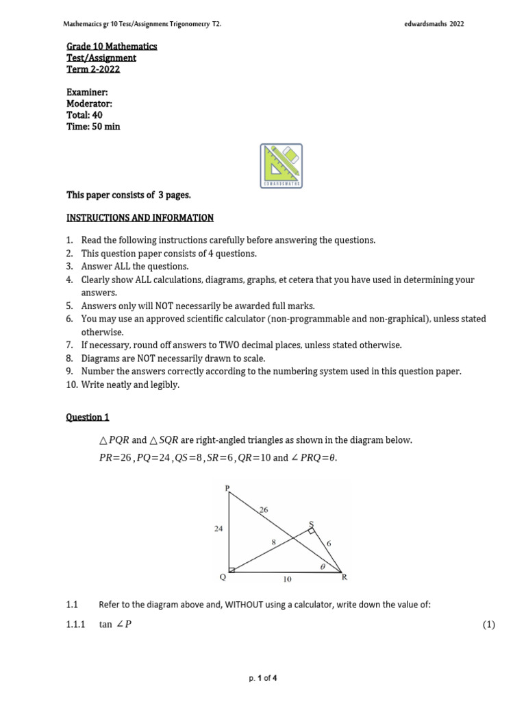 Grade 10 Trigonometry Test T2 2022 | PDF | Trigonometry | Mathematics