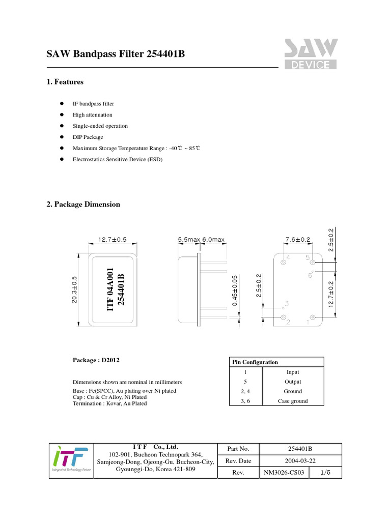 SAW Bandpass Filter 254401B: 1. Features | PDF | Filter (Signal ...