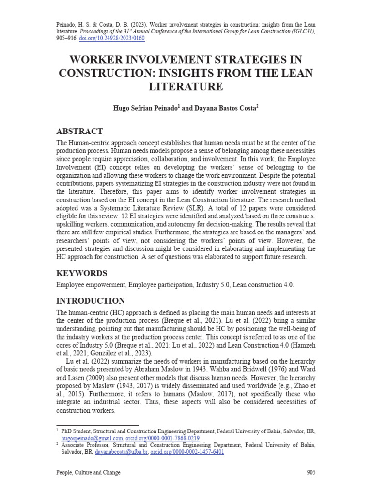 Worker Involvement Strategies in Construction: Insights From the Lean Literature | Download Free ...