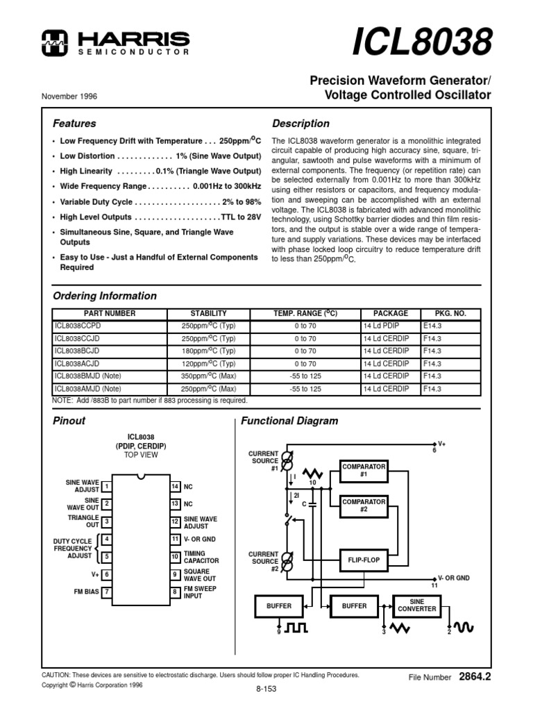 ICL8038 datasheet | Download Free PDF | Capacitor | Distortion