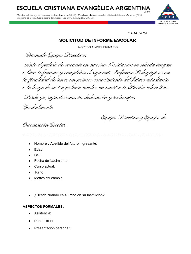 Solicitud de Informe Escolar 2024 - ECEA | Descargar gratis PDF ...