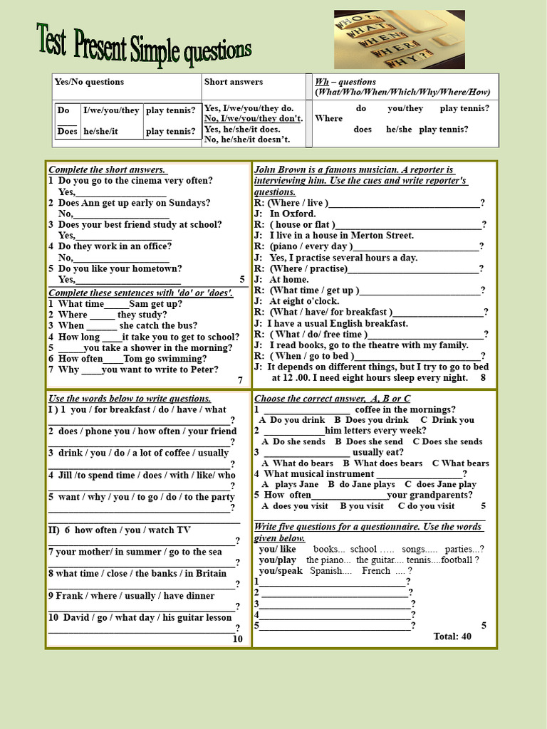 Test Present Simple Questions Grammar Drills Tests - 69669 | PDF ...