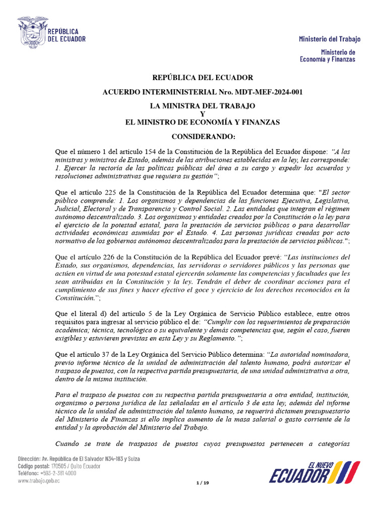 Acuerdo Interministerial MDT-MEF-2024-001 | PDF | Presupuesto | Institución