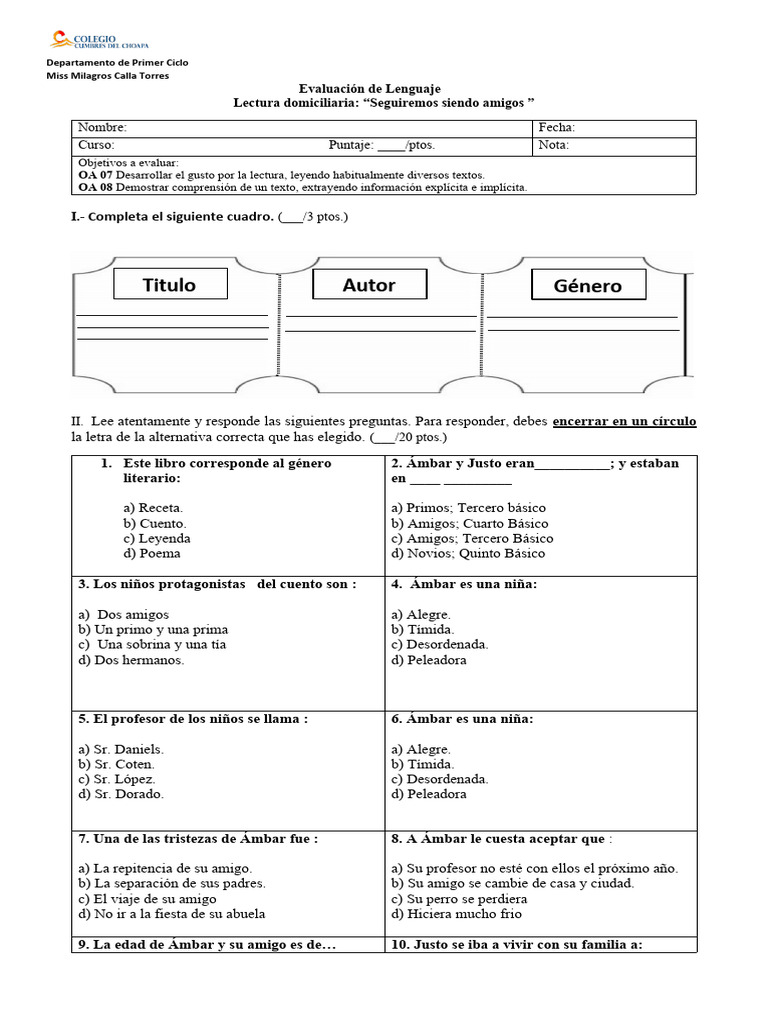 Evaluación Libro Seguiremos Siendo Amigos | PDF